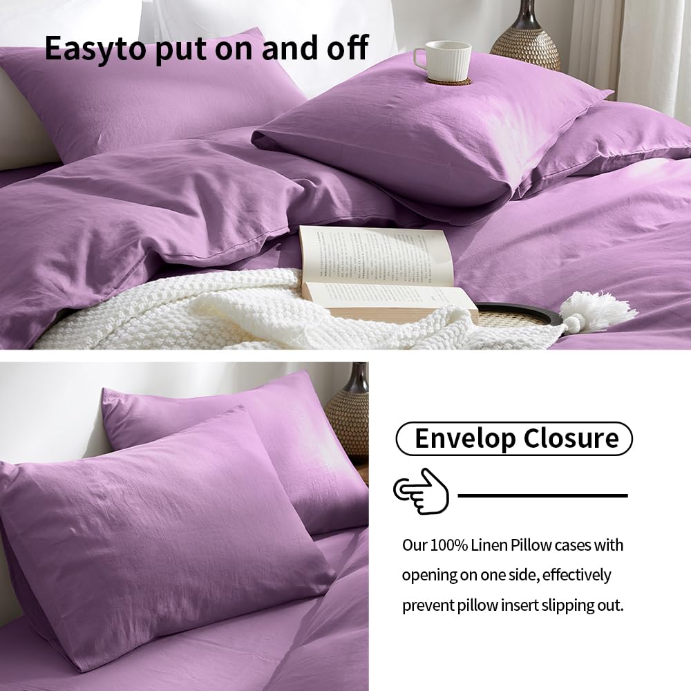 TUMEI 100% Linen Duvet Cover Set - Queen Size 3 Pieces Pure Linen Bedding Queen Comforter Cover Set Soft Breathable Durable Comforter Set 1 Duvet Cover and 2 Pillow Covers,Queen Size Basic Lilac