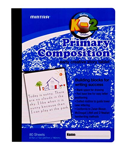 Mintra Office Composition Notebooks, Primary Ruled, (4 Pack, Blue Cover), 80 Sheets. Creative, Hardcover Book, Grade K-2, 7.5in x 9.75in, For School, Home, Business, Office