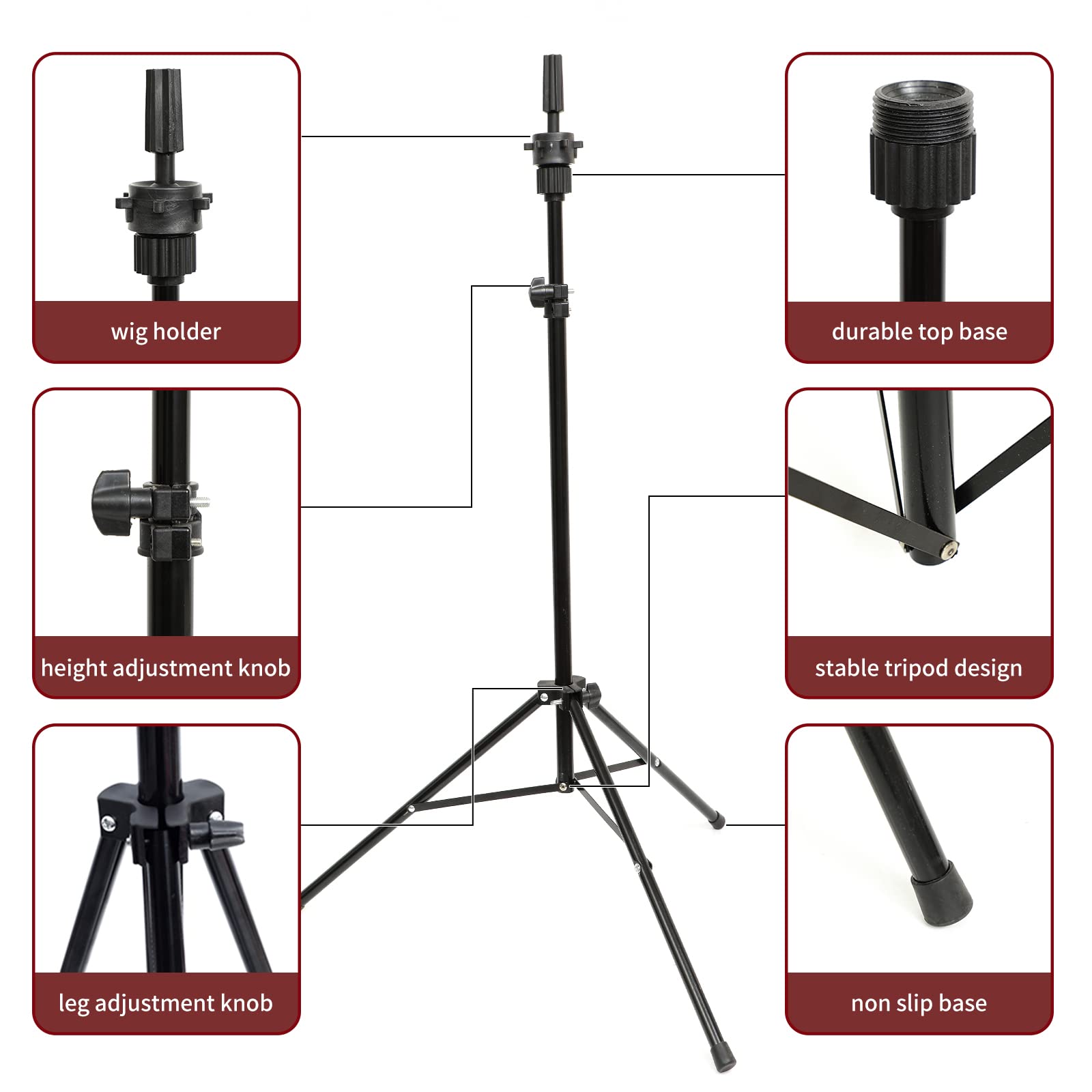 Lihui Wig Stand Tripod Adjustable Wig Head Stand Metal Mannequin Head Stand Tripod Wig Mannequin Head Holder For Cosmetology Hairdressing Styling Training