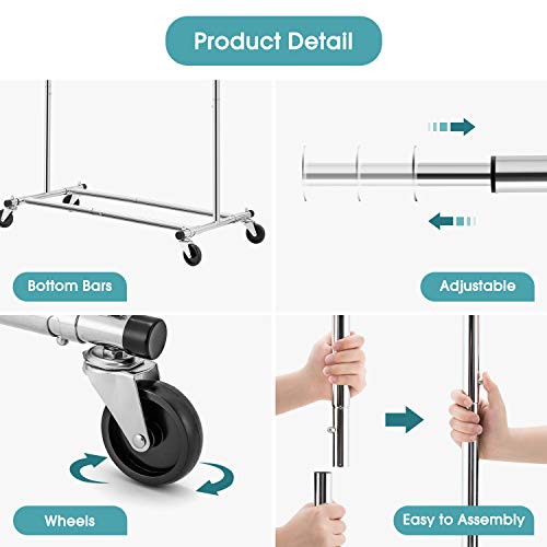 Auledio Clothes Garment Rack, Commercial Grade Clothes Rolling Heavy Duty Storage Organizer on Wheels with Adjustable Clothing Rack , Holds up to 200 lbs, Chrome (One Head)