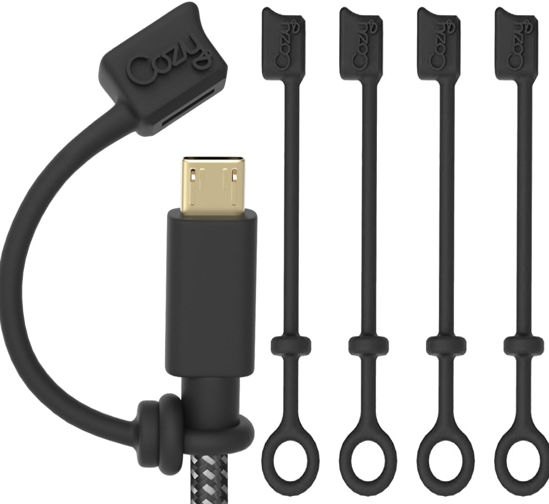Cozy [4-Piece] USB Caps/Tether for Micro USB Cable & Compatible with Apple Charging Cable (Black)
