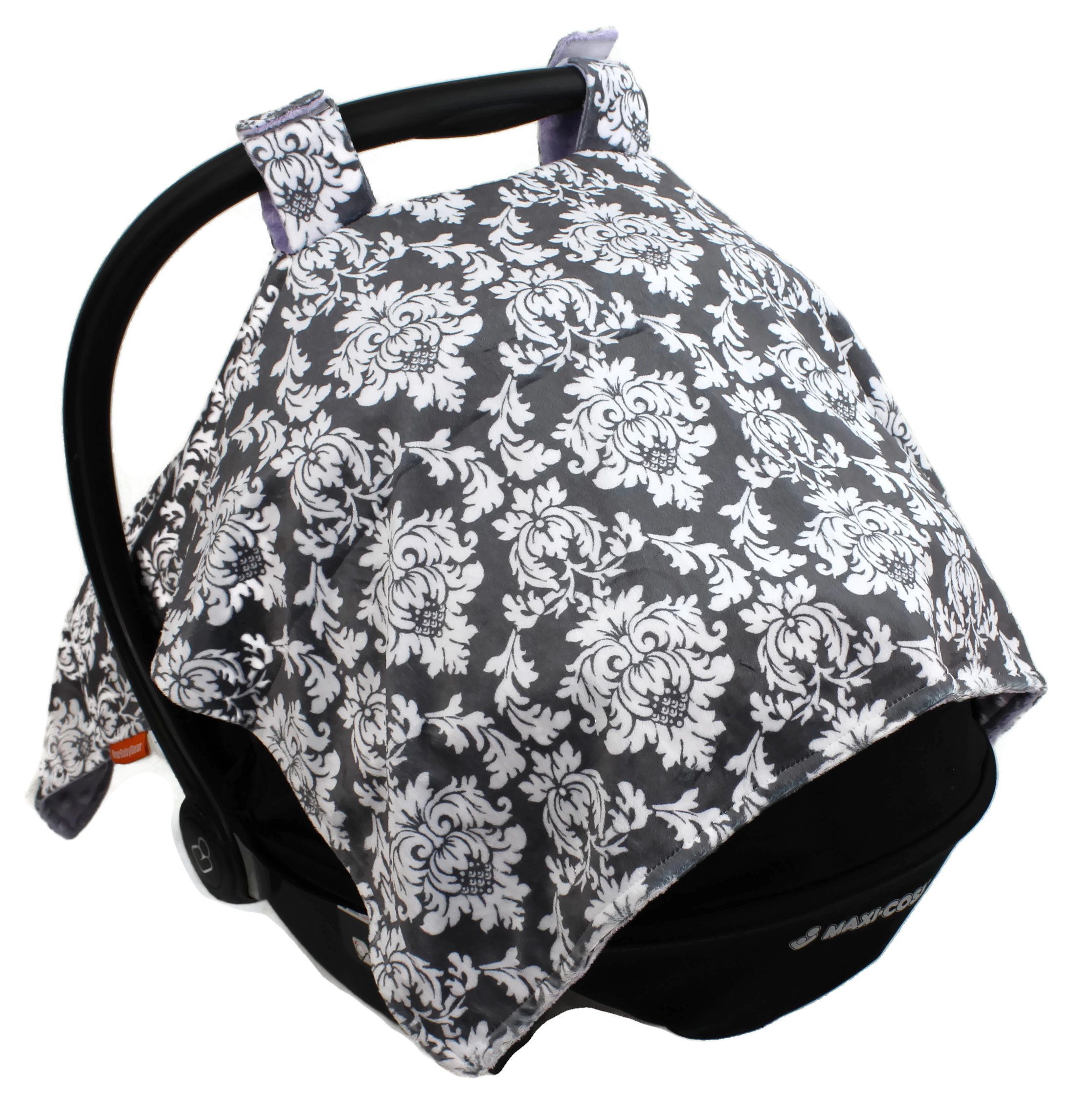 Dear Baby Gear Deluxe Car Seat Canopy, Custom Minky Print Grey and White, Lavender Minky Dot