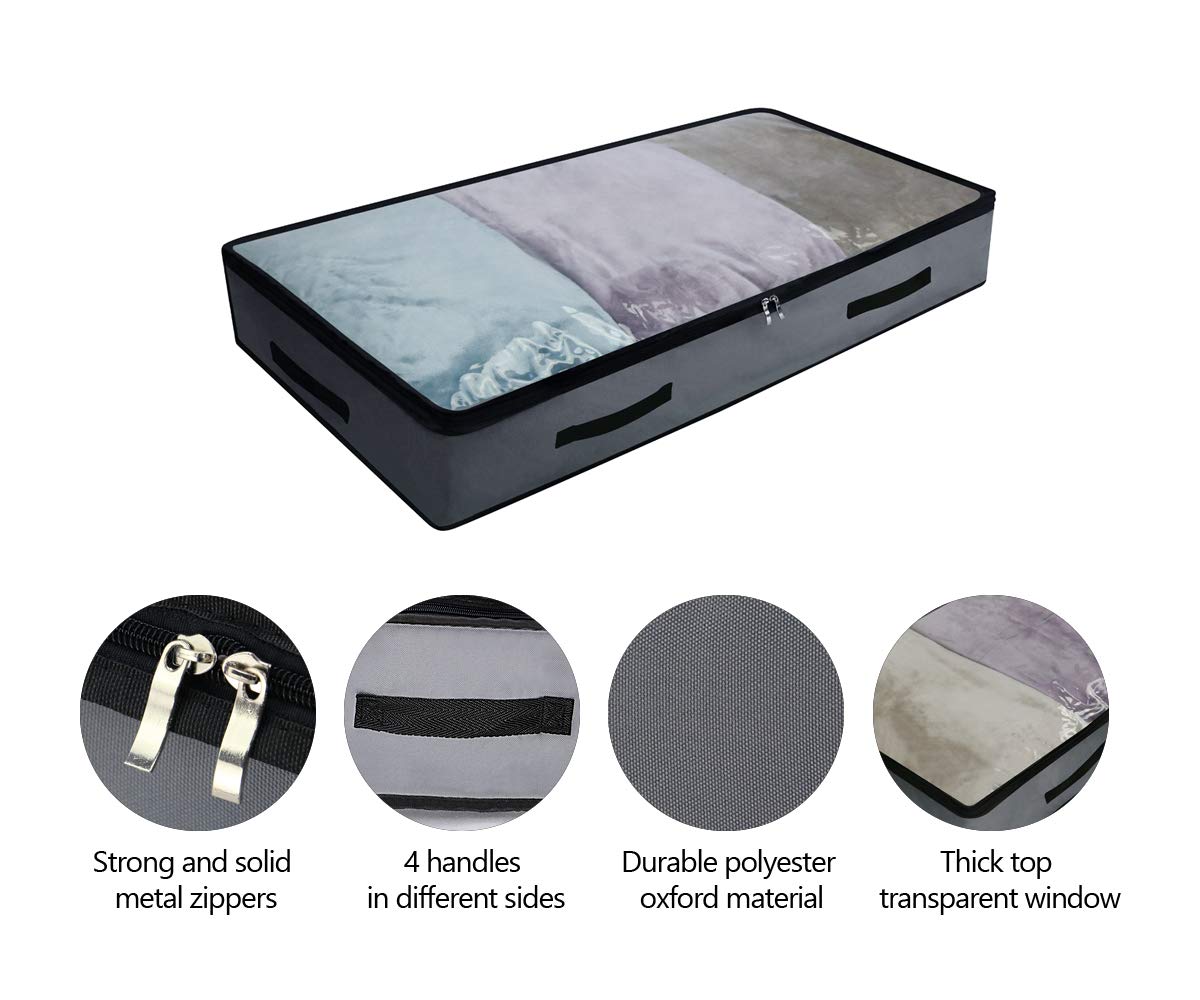 AMJ 3 Pack Underbed Storage Bags, Transparent Zip Lid Under Bed Storage Bags, Foldable Under-Bed Storage Bags and Containers, Dark Gray