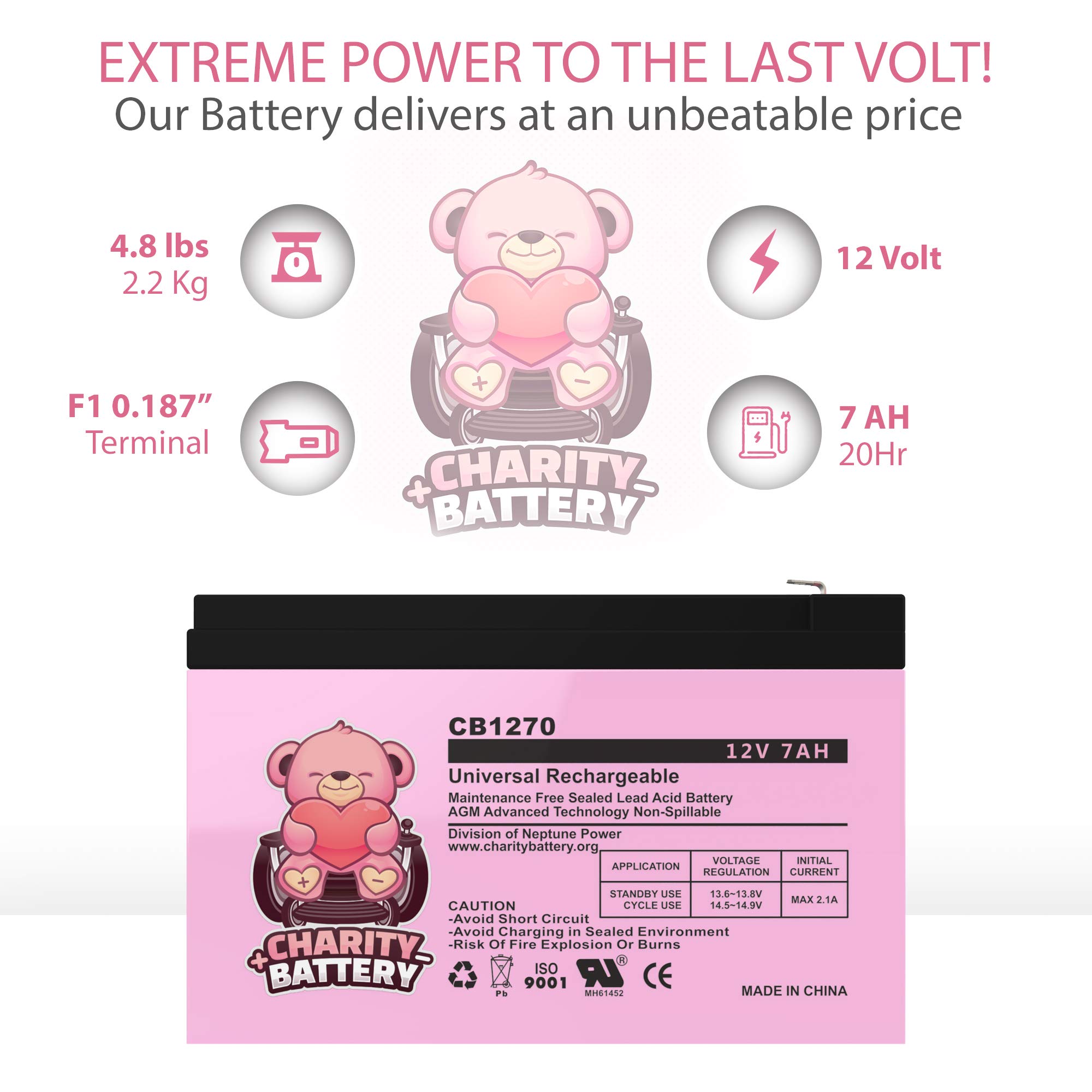 Charity Battery CB1270 Razor 12 Volt 7Ah Electric Scooter Replacement Batteries High Performance - Set of 2 (Replaces 6-DW-7)