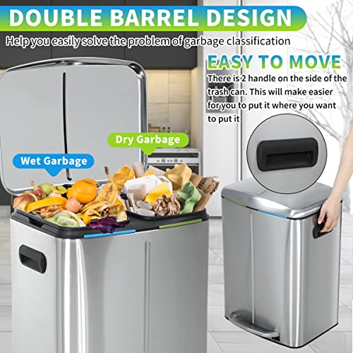 Bigacc Metal Dual Step Trash Can 10 Gallon/40L Stainless-Steel Garbage Can with Soft-Close Lid Anti-Fingerprint Mute Designed Trash Bin Trash Can for Kitchen,Bathroom,Restroom Office, Silver