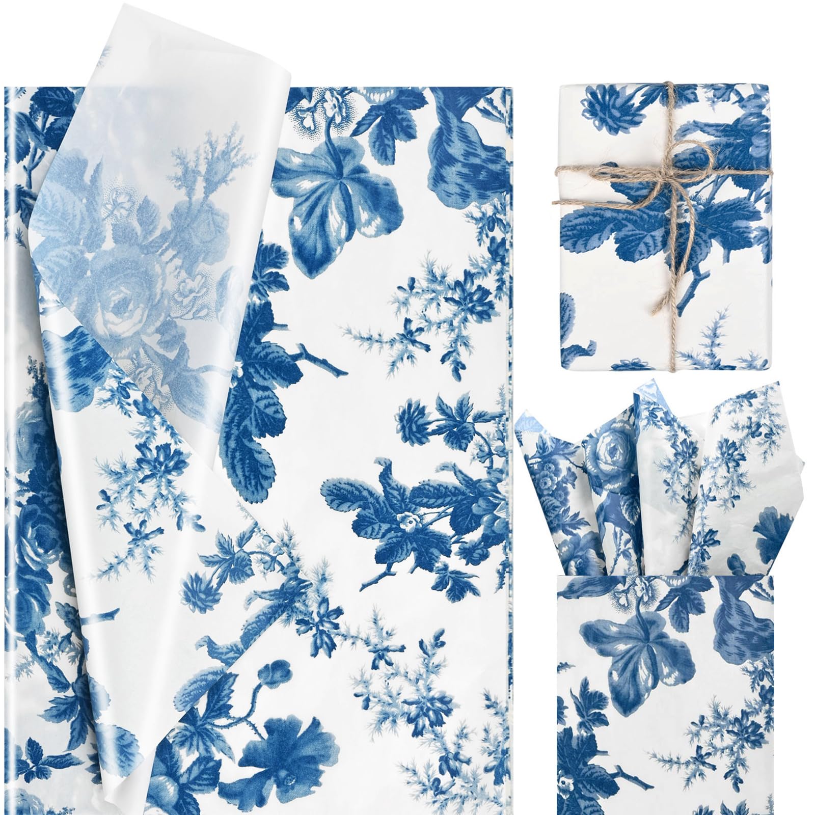 50 Sheets 28 * 20 Inches Chinoiserie Tissue Paper, Blue White Peony Pattern Tissue Paper for Gift Wrapping, Vintage Floral Decorative Tissue for Blue White Thanksgiving Wedding Tea Party DIY Craft