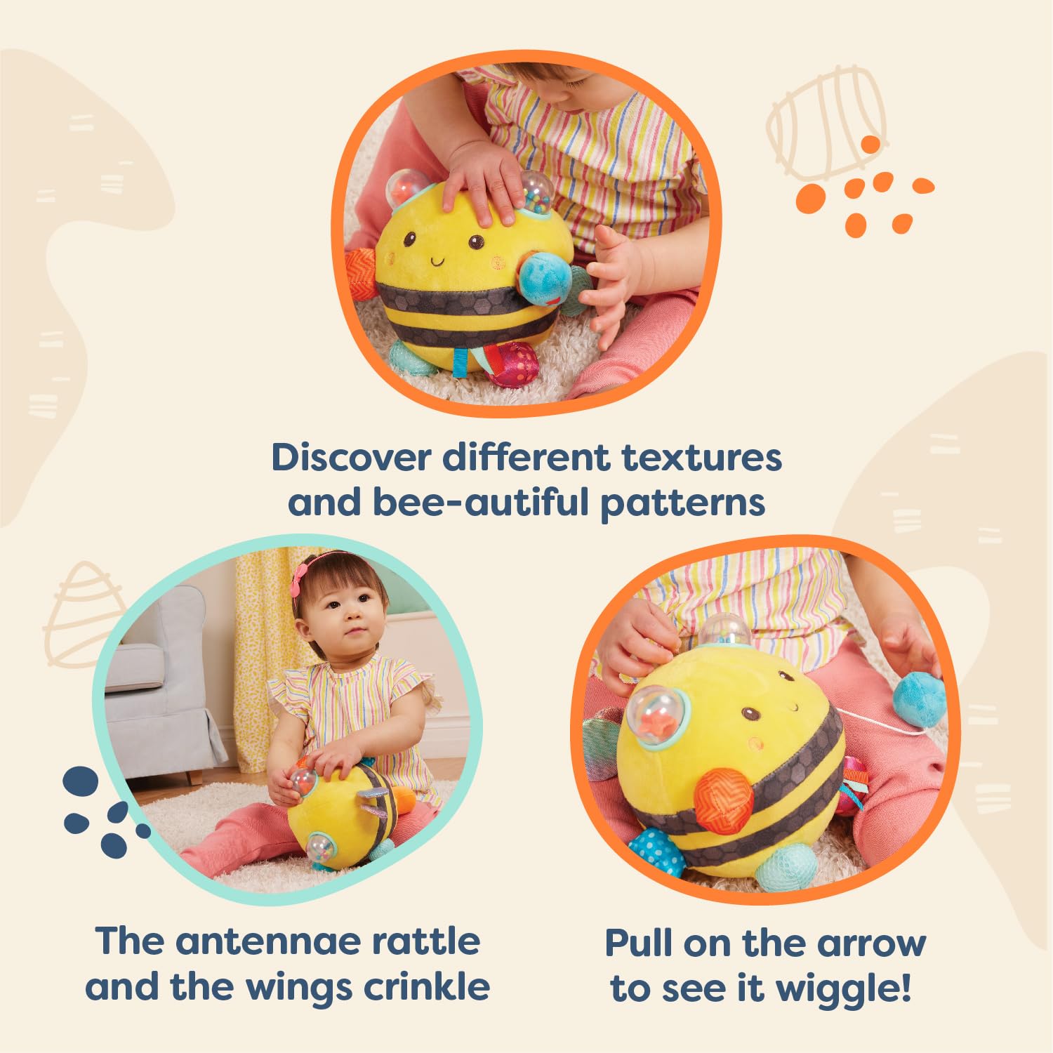 B. Sensory Plush Bumble Bee Baby ,Sensory Baby Toy β Bumpy Plush Bee with Fun Features, Interactive Play, Bumps, Colors, Textures & Sounds, Toys for Infants, Babies,Fuzzy Buzzy Bee β 0 Months +