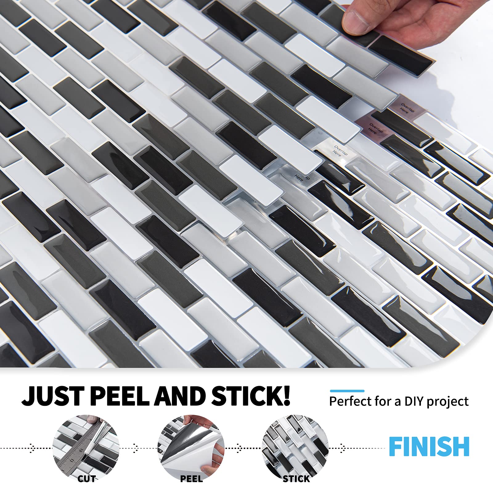 Art3d Peel and Stick Wall Tile for Kitchen/Bathroom Backsplash, 12"x12", Black-White (6 Pack)