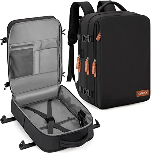 BAGODI Travel Laptop Backpack,15.6 Inch Flight Approved Carry on Backpack,Waterproof Large 40L Hiking Backpack Casual Daypack (Black)