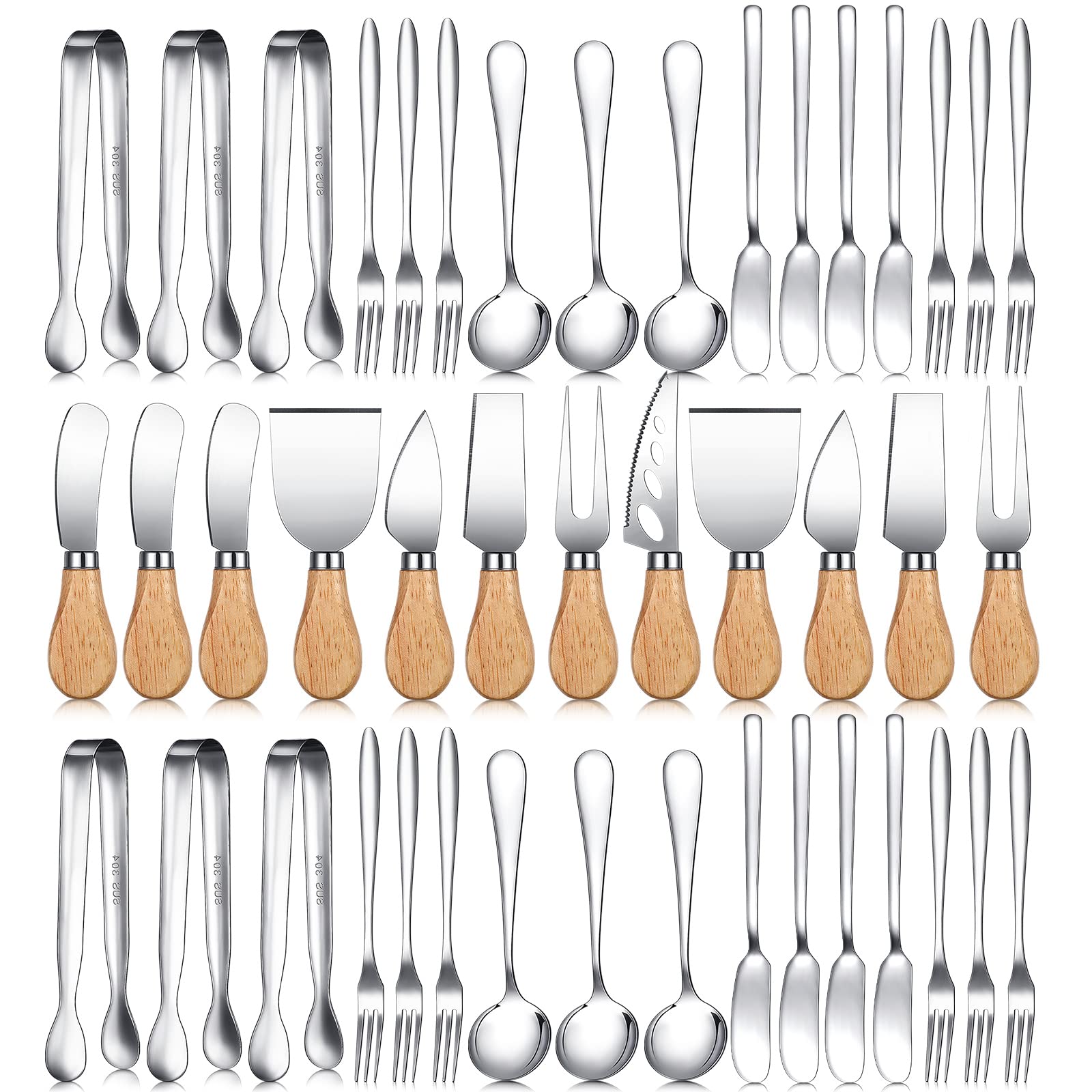 48 Pieces Cheese Knife Set Include 8 Pieces Stainless Steel Cheese Spatula Set with Wooden Handles 40 Pieces Stainless Steel Cheese Spatula Set for Birthday Wedding Christmas