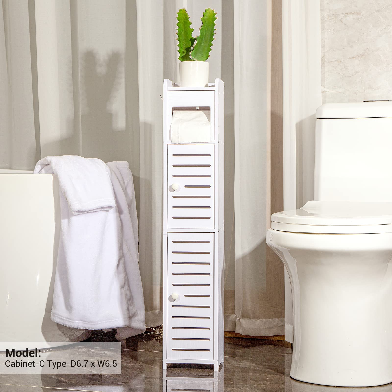 Bathroom Storage Cabinet for Small Space with Doors and Shelves, 4-Tiers Narrow Bathroom Cabinet,Waterproof Toilet Paper Storage Organizer with Toilet Paper Roller,Accommodate Mega Rolls(White 2Pack)