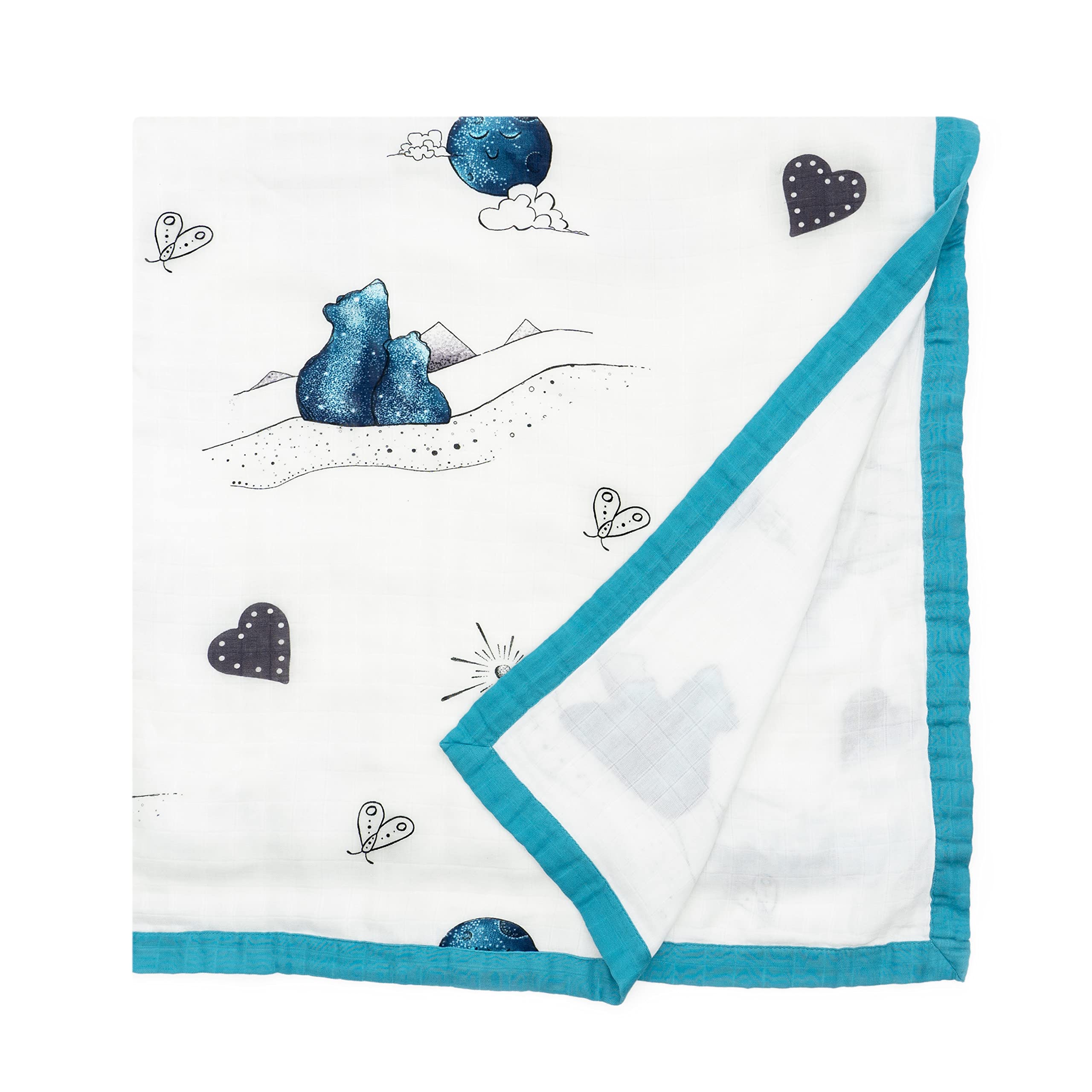 JumpOff Jo - Baby Muslin Swaddle Blanket, 47" x 47" - Ultra Soft 70% Rayon derived from Bamboo & Muslin 30% Cotton Lightweight Receiving Blanket, Machine Washable - Mama Bear Blue