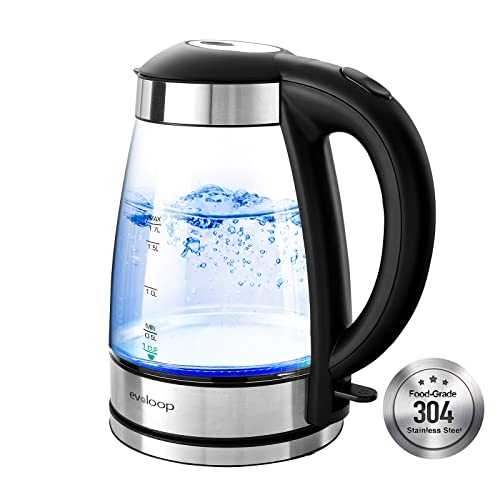 Evoloop Electric Tea Kettle 1.7L Hot Water Boiler, 1500W Glass Water Kettle with Auto Shut-Off & Boil Dry Protection, BPA Free, Cordless Base & LED Indicator