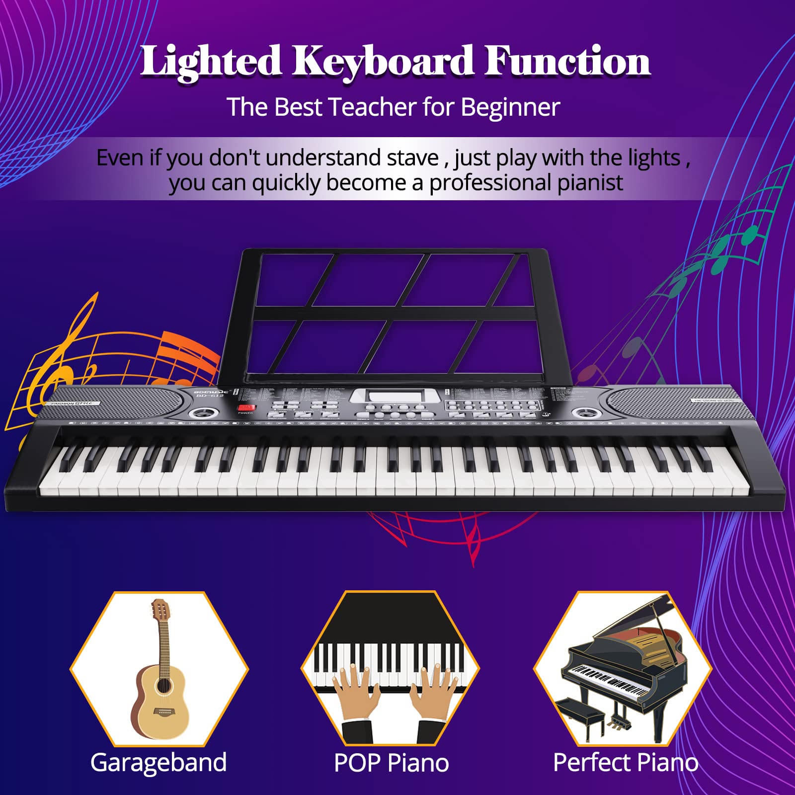 61 Keys Keyboard Piano, Camide Electronic Digital Piano with Built-In Speaker Microphone, Sheet Stand and Power Supply, Portable Keyboard Gift Teaching for Beginners