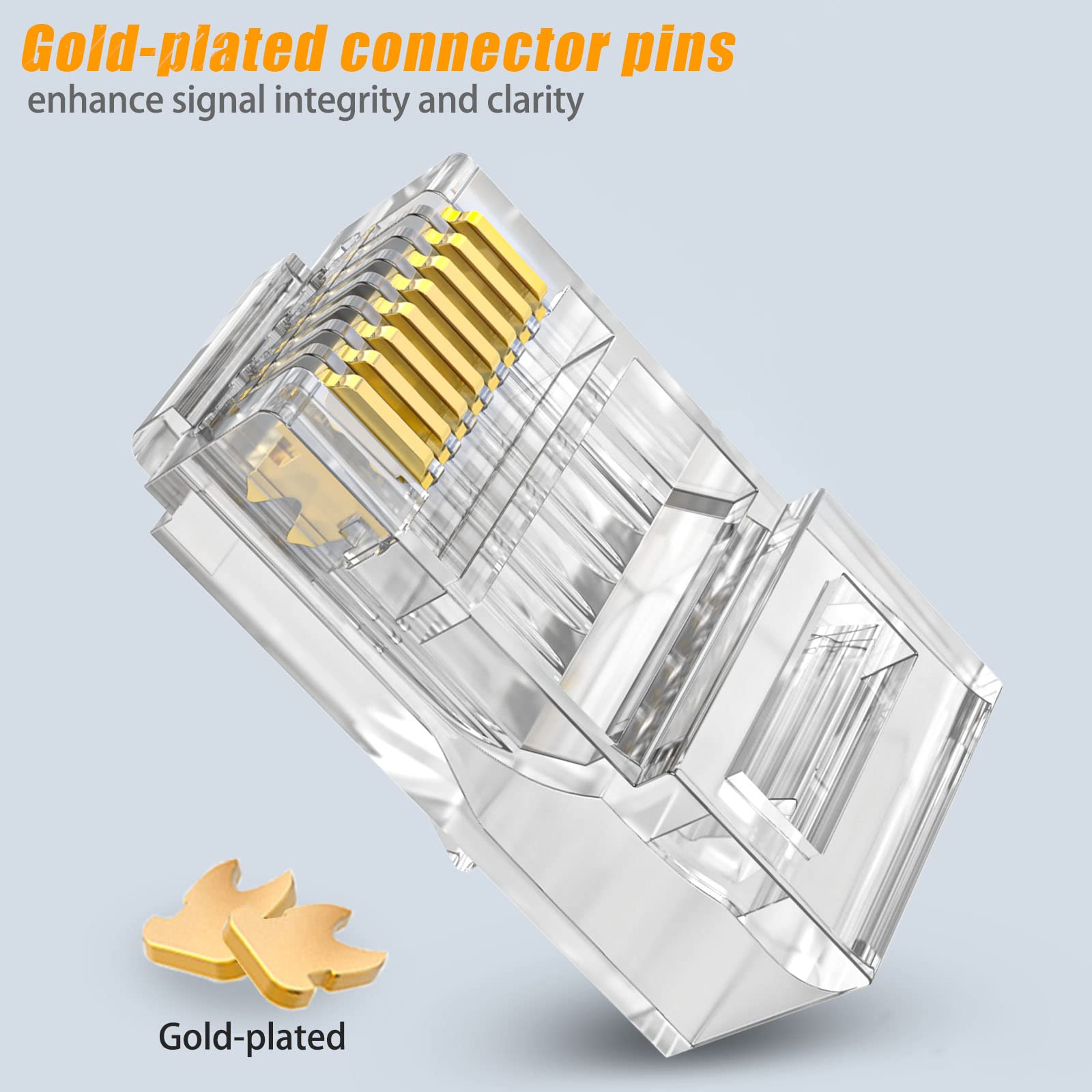 AOWIZ RJ45 Cat6 Cat6a Connector Pass Through 23AWG 100-PACK Gold Plated 8P8C Ethernet Ends for Unshielded Twisted Pair Solid Wire & Standard Cables