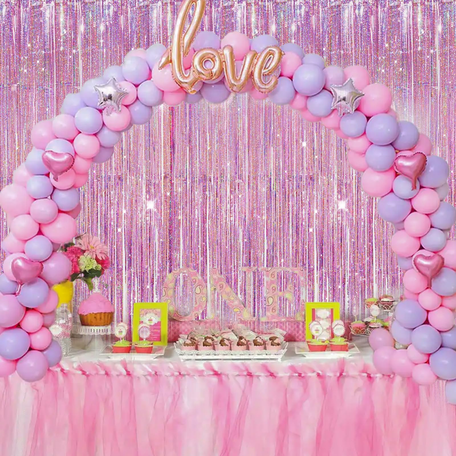 Anwyll Pink Metallic Foil Fringe Backdrop Curtains,2Pack Tinsel Curtain Party Streamers Photo Backdrop for Birthday Decoration,Glitter Pink Backdrop for Wedding Graduation Bachelor Party Decorations