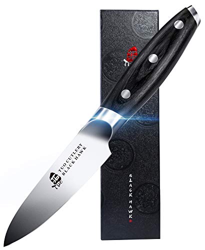 TUO Paring Knife 3.5 inch Fruit Peeling Knife Ultra Sharp Kitchen Chef Knife - German HC Steel Full Tang Pakkawood Handle - BLACK HAWK SERIES with Gift Box