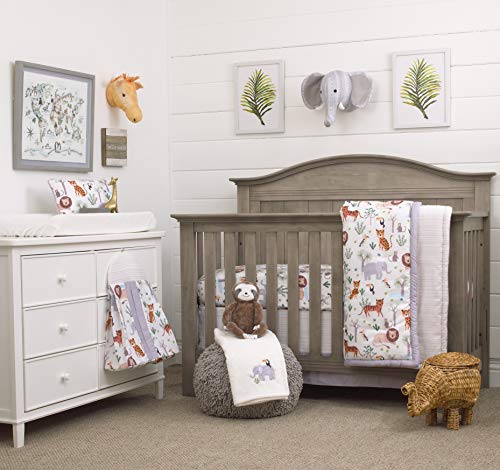 NOJO Growing Wild Grey, Orange, Green and White 8 Piece Jungle Safari Crib Bedding Set with Comforter, 2 Fitted Crib Sheets, Dust Ruffle, Diaper Stacker, Decorative Pillow, Baby Blanket