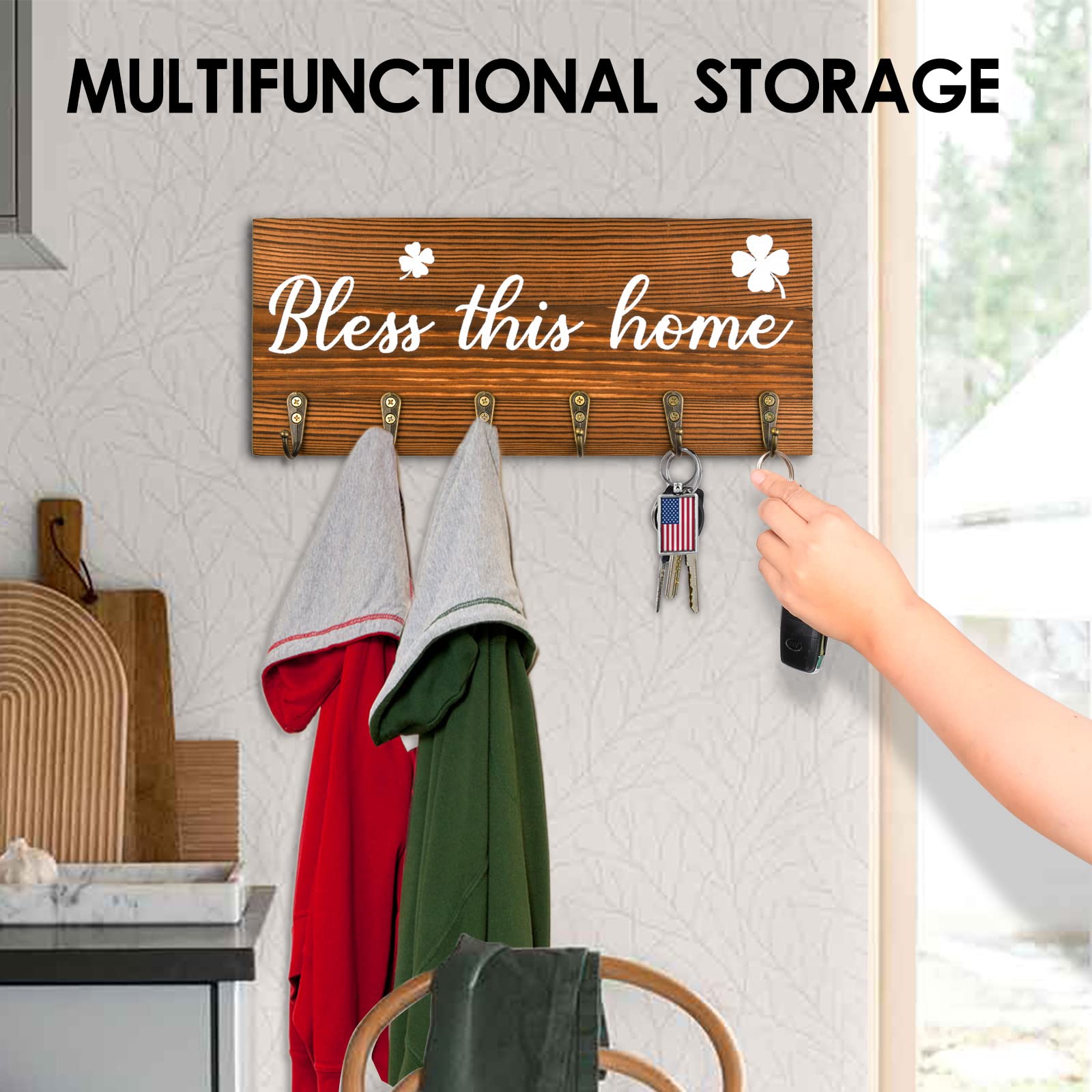 AHYS Key Holder Wall Mount Rustic Bless This Home Wall Decor Key Holder for Wall Key Hanger Key Rack with 6 Key Hooks Wall Key Holder for Entryway Living Room Bedroom - Brown