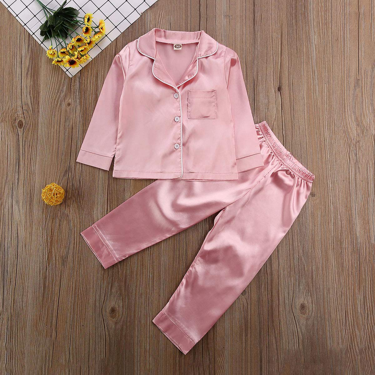 TiendaDeLage Toddler Baby Girl Satin Silk 3 Piece Long Sleve Collared Button Down Shirts and Pants Casual Cute Clothes Pink 4-5T