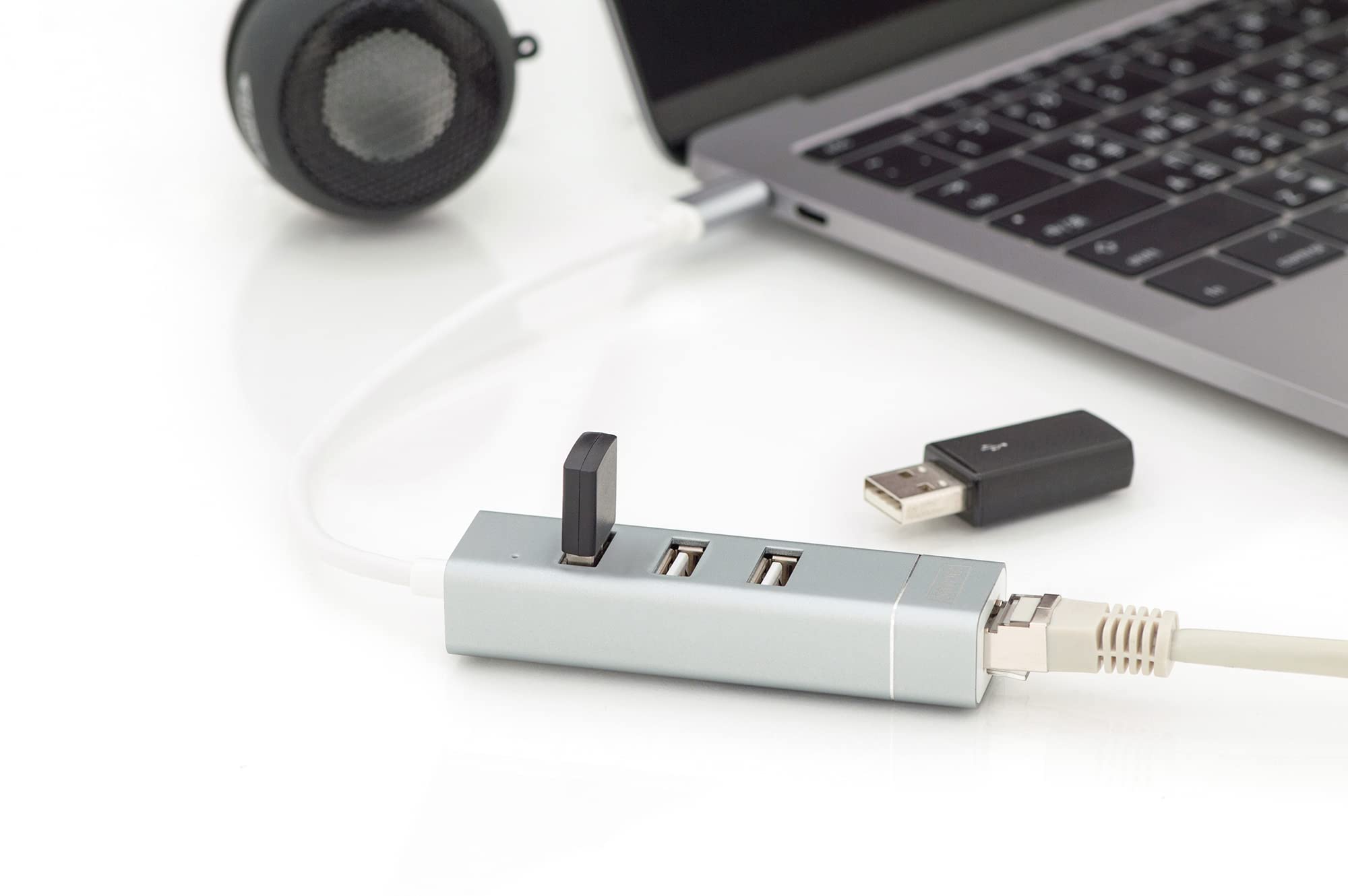 DIGITUS USB Type-C 2.0 Hub - with Fast Ethernet LAN Adapter - 3X USB-A Ports 480 Mbps - 1x RJ45 Port 100 Mbps - Plug & Play - Silver