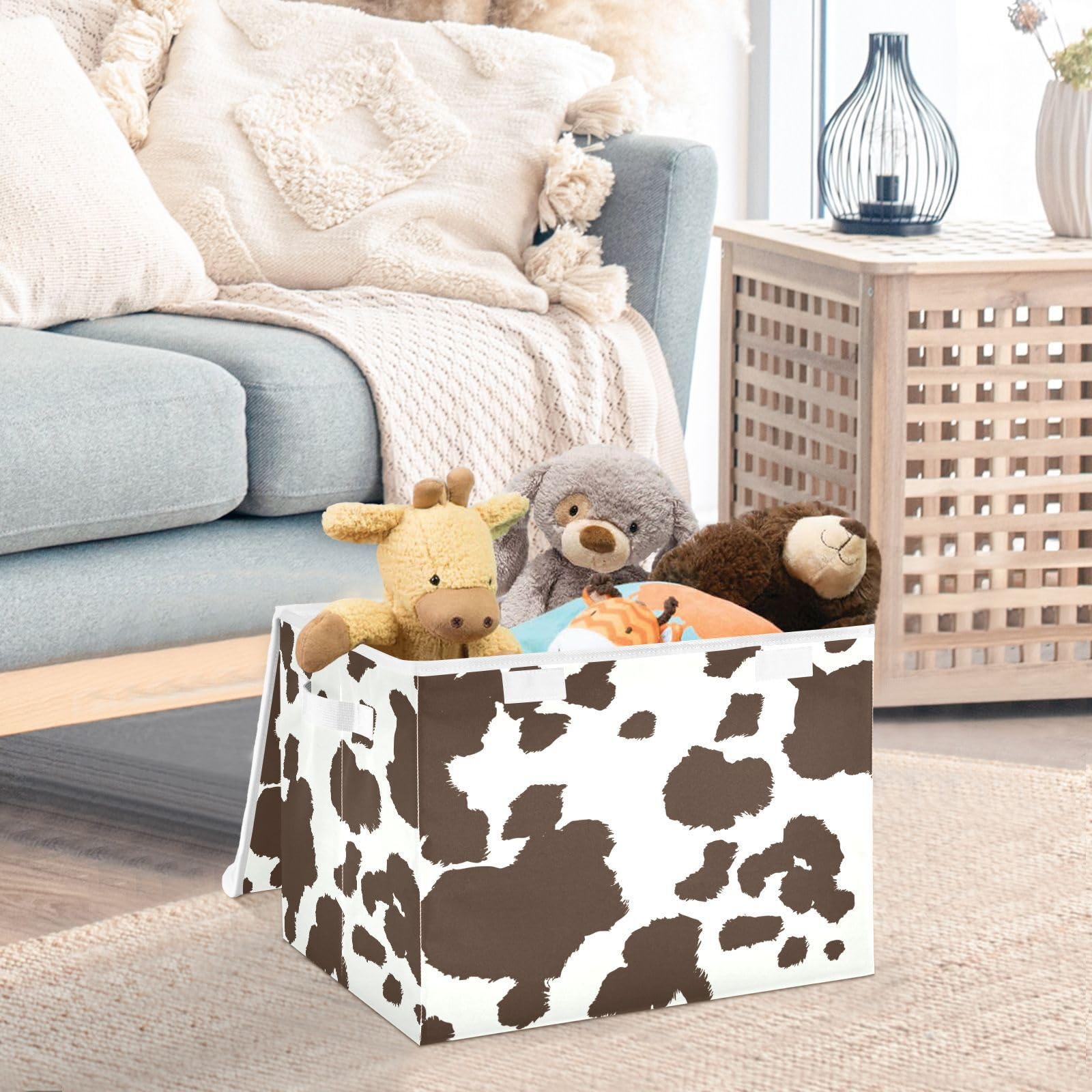 ALAZA Collapsible Large Storage Bin with Lid, Brown Cow Print Foldable Storage Cube Box Organizer Basket with Handles, Clothes Blanket Box for Shelves, Closet, Nursery, Playroom