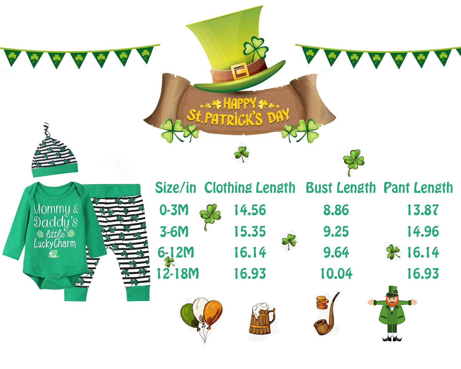 Baby Boys Girls Outfit Set St Patrick's Day Long Sleeve Clothes Bodysuit (Green, 3-6 Months)