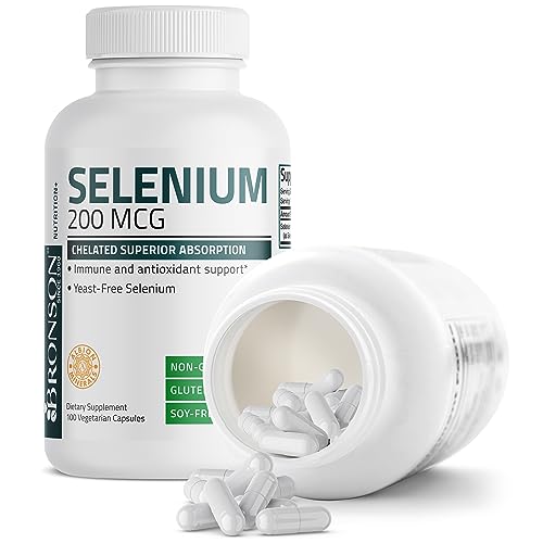 Bronson Selenium 200 mcg for Immune System, Thyroid, Prostate and Heart Health โ Yeast Free Chelated Amino Acid Complex - Essential Trace Mineral with Superior Absorption, 100 Vegetarian Capsules