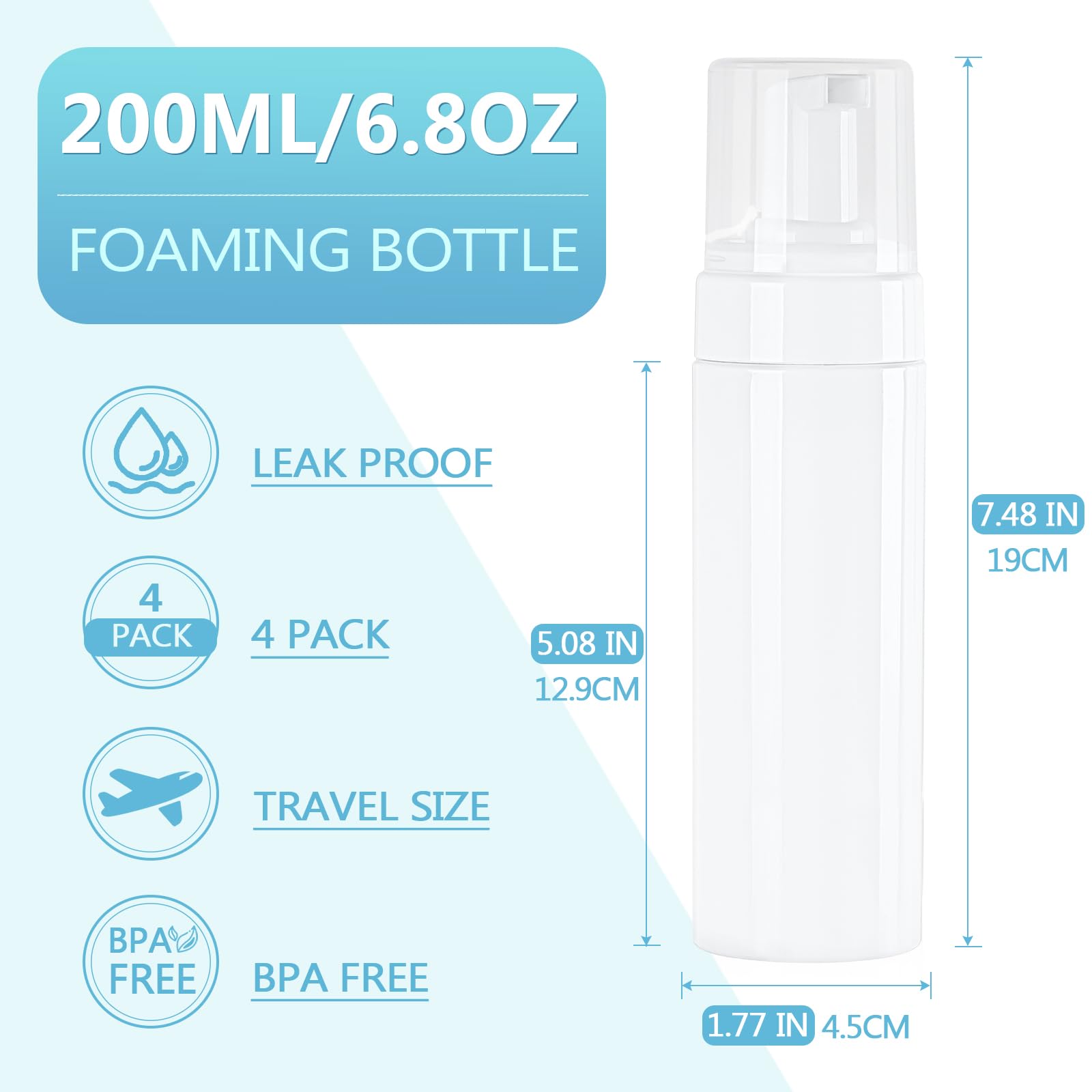 Foam Pump Bottle 200ml/6.8oz Empty Plastic Foam Dispenser Pump Bottle Travel Large Refillable BPA Free Lotion Bottles for Shampoo Shower Hand Soap Foaming (4 Pack) White