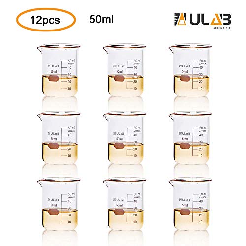 ULAB Scientific Glass Beakers Shot Glass, Vol. 50ml, 3.3 Borosilicate Griffin Low Form with Printed Graduation, Pack of 12, UBG1013
