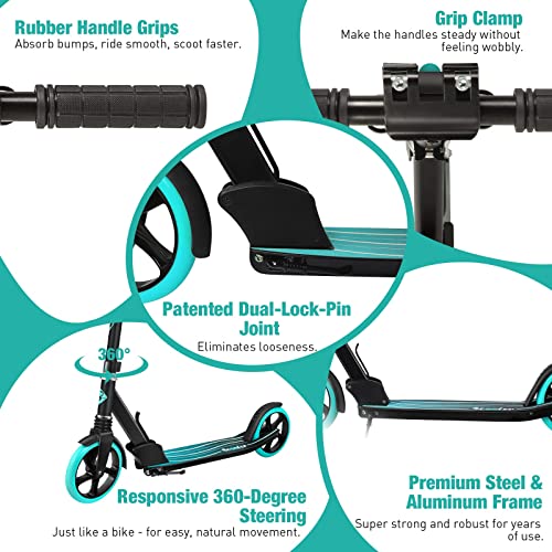 BELEEV V5 Scooters for Kids 6 Years and up, Folding Kick Scooter 2 Wheel for Adults Teens, 4 Adjustable Handlebar, 200mm Big Wheels, Lightweight Sports Commuter Scooter, up to 220lbs(Auqa)