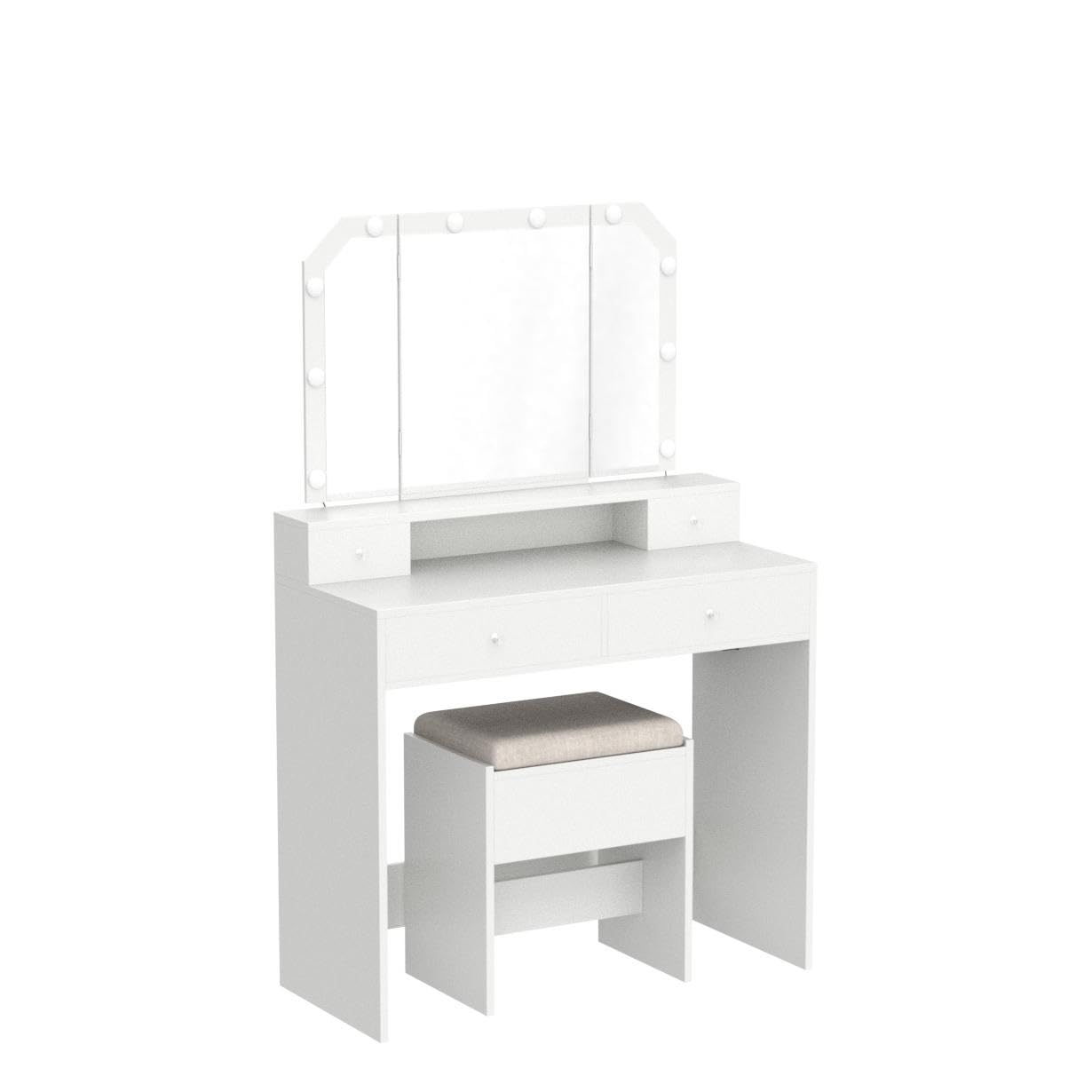 Quimoo Vanity Desk Set with LED Tri-Fold Lighted Mirror & Power Outlet, Makeup Vanity Table with 4 Drawers, Cushioned Stool, for Bedroom, Bathroom, White