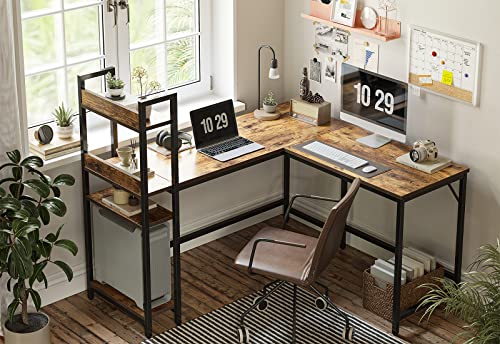 CubiCubi L Shaped Desk with Storage Shelves, Computer Corner Desk for Home Office, Writing Gaming Study Desk Table with Bookshelf, Space Saving, Brown