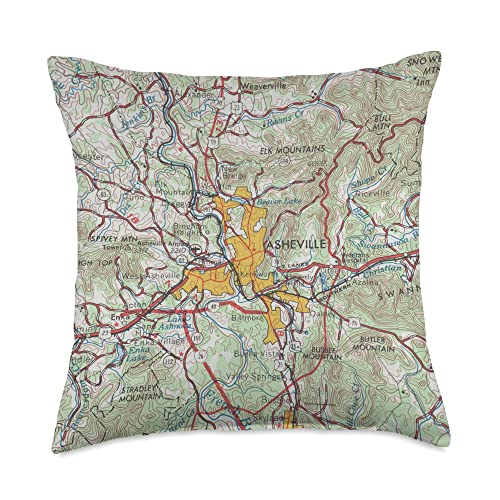 Buncombe County North Carolina Old City Atlas Vintage Asheville NC Map (1966) Throw Pillow, 18x18, Multicolor