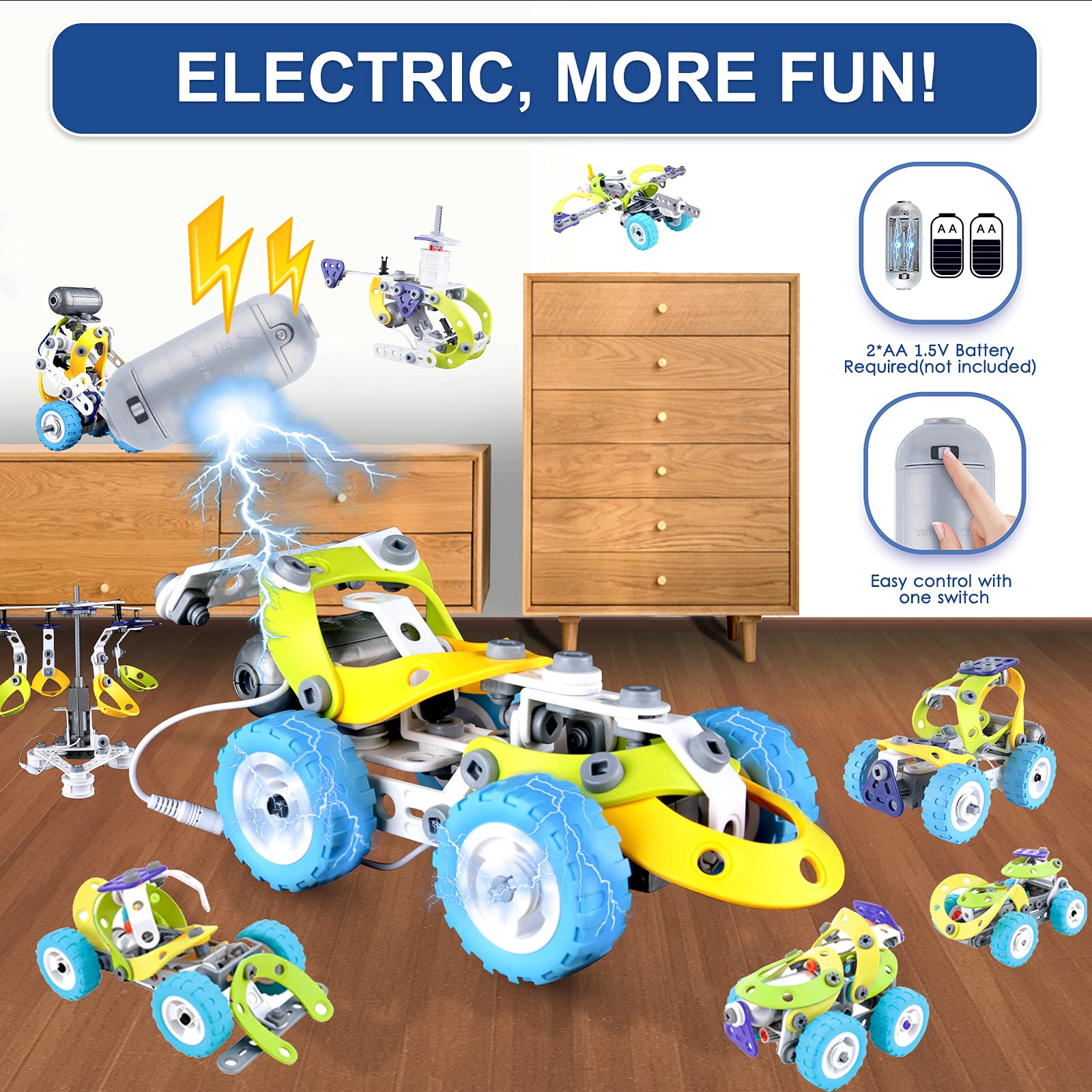 BRUVISH 10 in 1 Building Toy Set, STEAM Building Blocks with Electric Powered Motor for Children Boys Girls, Construction Toys with Tools for Kids Age 5 6 7 8 9 10 11 12, Engineering Building Bricks