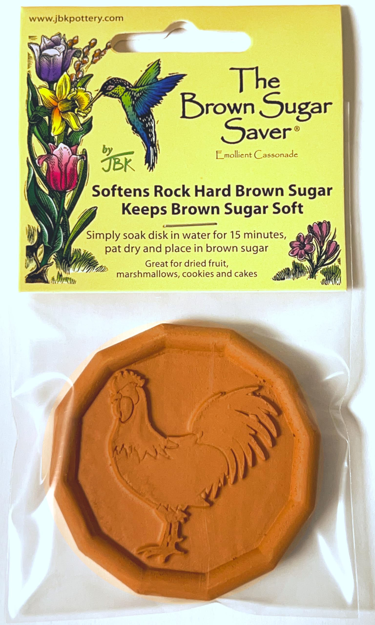 JBK Pottery Brown Sugar Saver - Terra Cotta Humidifying Stone Softens Brown Sugar, Keeps Snacks Crisp and Fresh - Natural Clay Moisture Absorber for Food and Chips