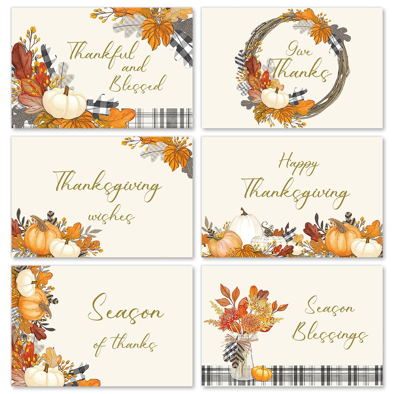 AnyDesign 36 Pack Fall Thanksgiving Greeting Cards Set Black and White Plaid Note Cards with Envelope and Sticker Pumpkin Maple leaves Blank Thank You Cards for Autumn Wedding Bridal Shower Birthday