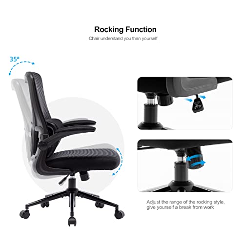 BRTHORY Office Chair Height-Adjustable Ergonomic Desk Chair with Self-Adaptive Lumbar Support, Breathable Mesh Computer Chair High Back Swivel Task Chair with Flip-up Armrests - Black