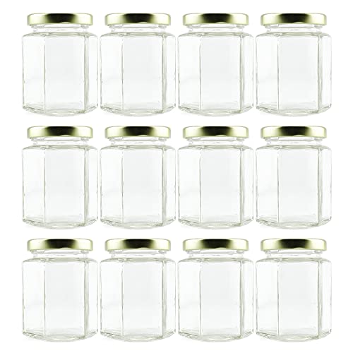 Cornucopia 6-Ounce Hexagon Glass Jars (12-Pack); Empty Hex Jars w/Gold Lids for Party Favors, Jams, Samples & More