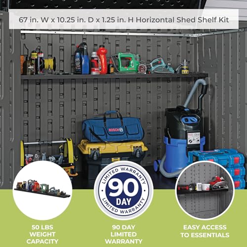 Suncast Horizontal and XL Vertical Shed Shelf Kit, Space-Saving Shelf for Outdoor Storage Sheds, 67" W x 10.25" D x 1.25" H, Black, BMSASHELFH2