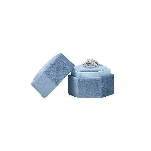 BLUTETE Hexagon Velvet Double Slots Ring Heirlooms Box Engagement Ring Box Proposal Box Ring Display Holder (Blue Ocean)