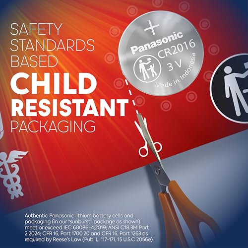 Panasonic CR2016 3.0 Volt Long Lasting Lithium Coin Cell Batteries in Child Resistant, Standards Based Packaging, 10-Battery Pack
