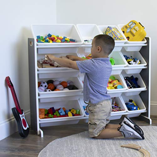 Humble Crew Kids Toy Organizer with 16 Storage Bins, Grey/White