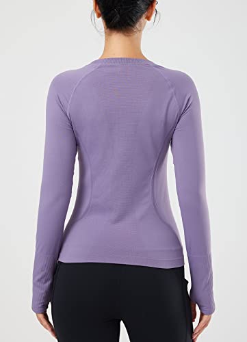 BALEAF Women's Long Sleeve Workout Athletic Seamless Shirts Tight Yoga Running Gym Fitted Tops with Thumb Holes Purple S
