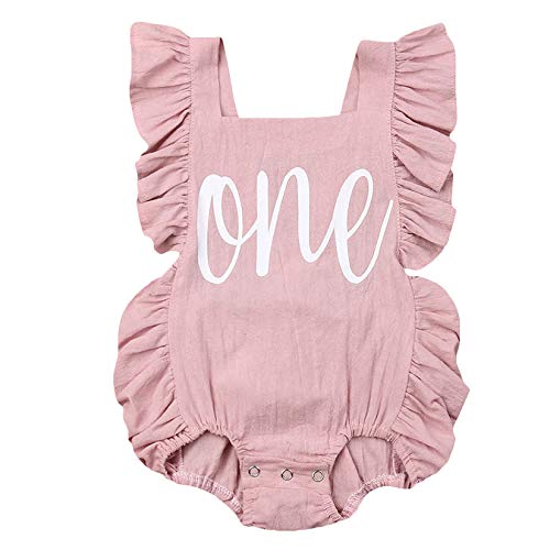 Puloru Baby Girl First Birthday Outfit ONE 1st Birthday Bodysuit Ruffle Romper with Headband Cake Smash Outfit (A Pink, 6-12 Months)