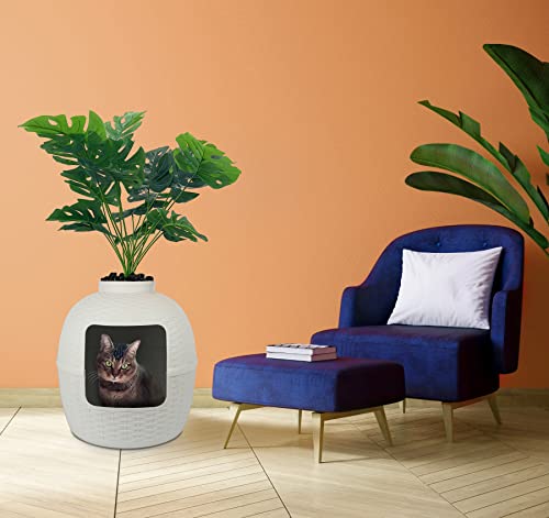 keygarzone Plant Litter Box with Lid, Hidden Cat Litter Furniture with Rattan Pattern for Large Cat, PP Material Waterproof, Easy Assemble & Clean