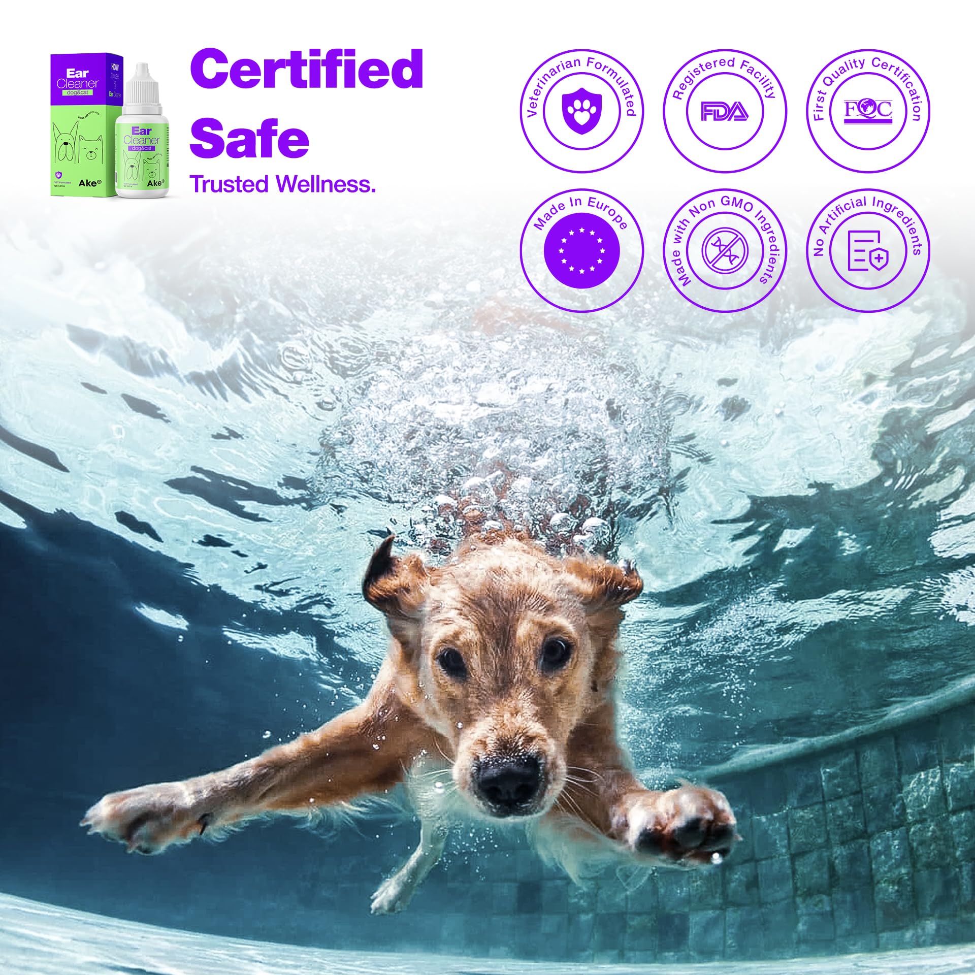 Ake® Dog Ear Cleaner Solution - Cat Ear Cleaner - Dog Ear Flush - Helps with Yeast, Wax, Dirt & Itchy Ear Canal - Dog Ear Wash - Otic Ear Solution for Dogs - Controlling Dog Ear Infections & Odor