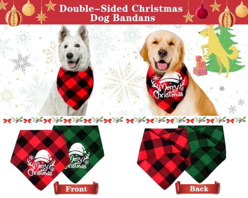 Buffalo Plaid Christmas Dog Bandanas, Double-Sided Use Triangle Bibs Kerchief,Dog Scarf with Merry Christmas Snowflakes for Small Medium Large Dogs Cats Pets,2 Pack