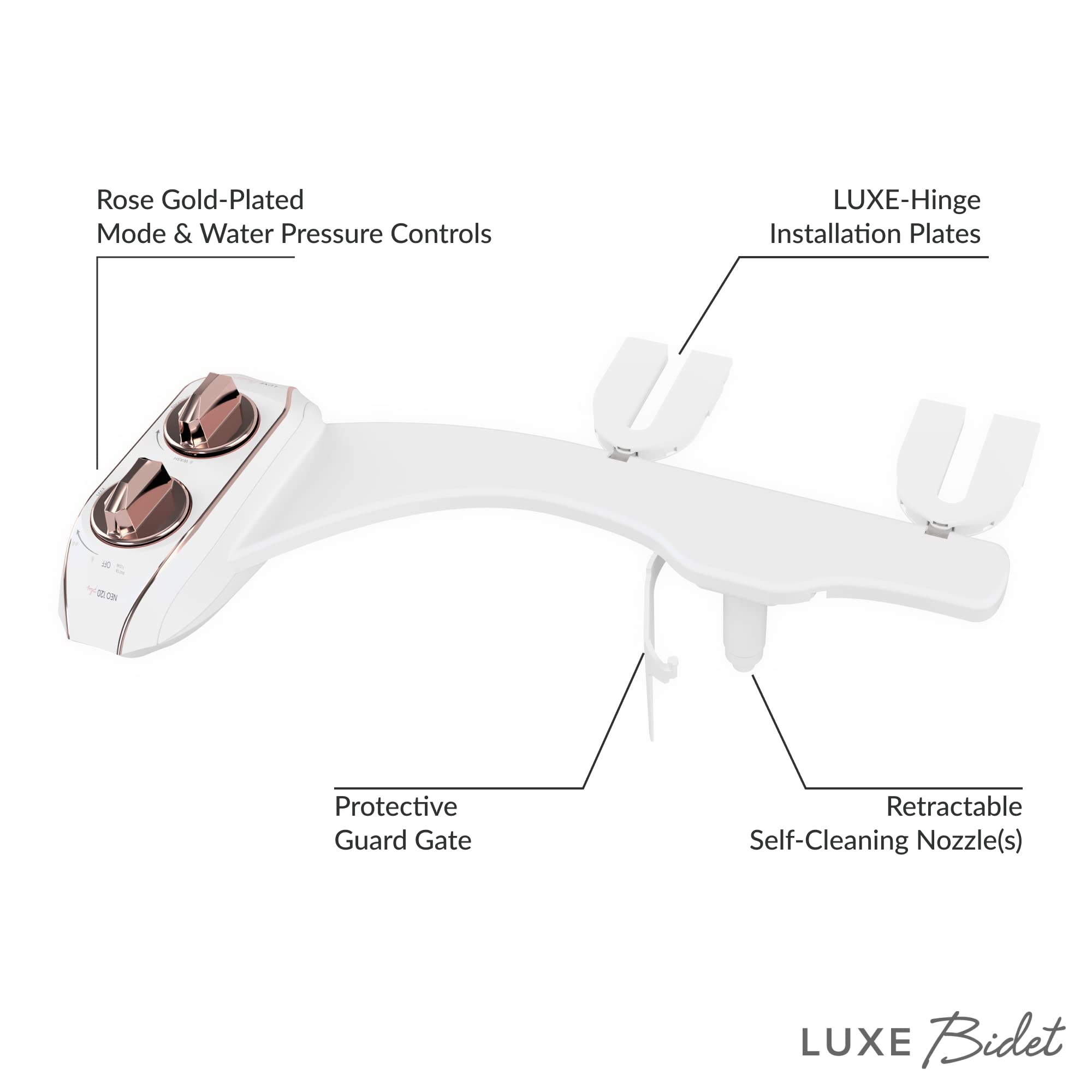 LUXE Bidet NEO 120 Plus - Only Patented Bidet Attachment for Toilet Seat, Innovative Hinges to Clean, Slide-in Easy Install, Advanced 360° Self-Clean, Single Nozzle, Rear Wash (Rose Gold)