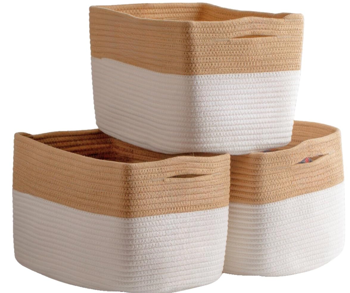 PJGOODS- 3-Pack Cotton Woven Storage Basket with Handles, Great for Organizing Laundry, Blankets, Dog Toys, Baby Toys, Perfect for the Kitchen, Bathroom, Bedroom, Living Room,15x10x9, Beige/White
